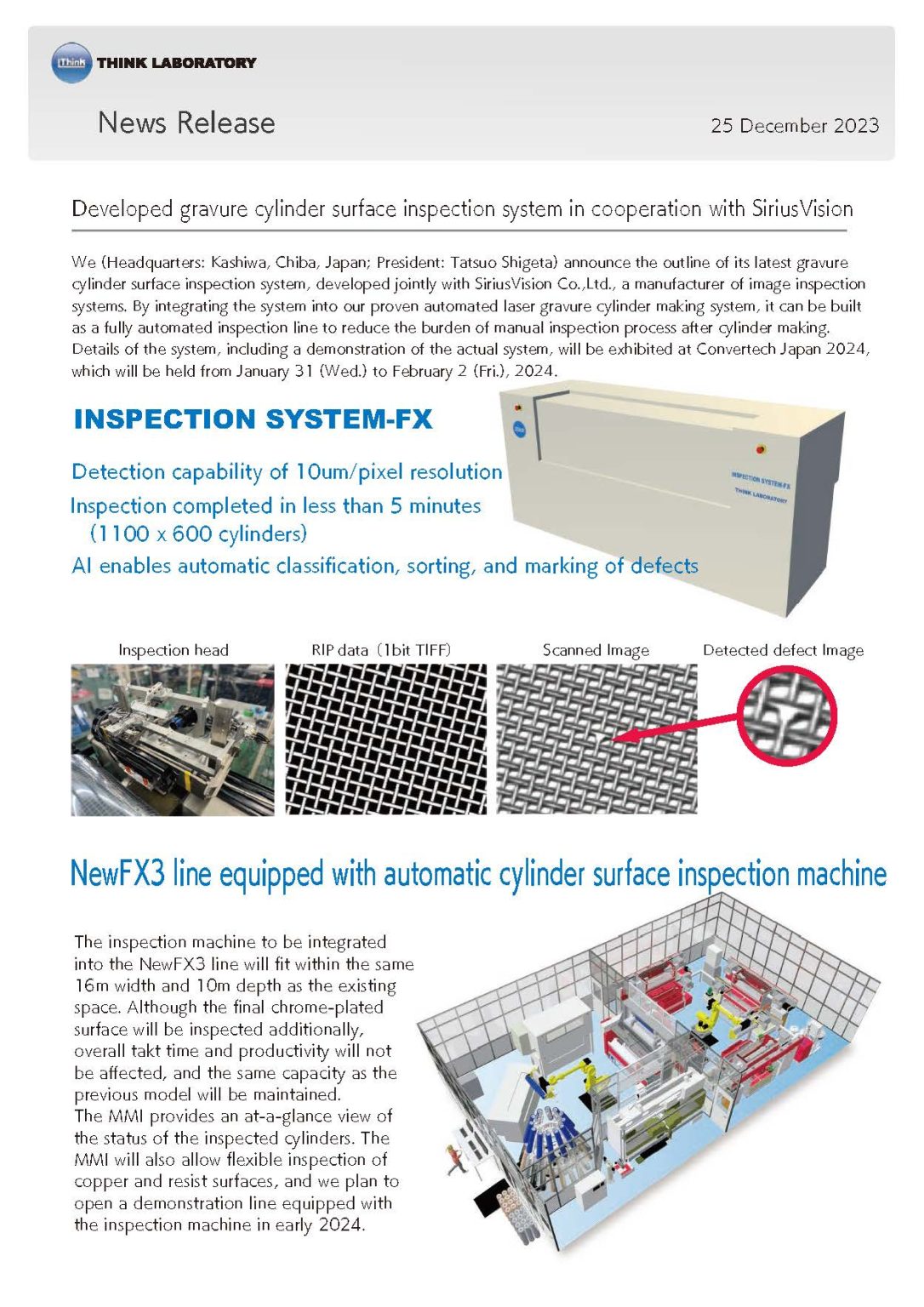 Developed gravure cylinder surface inspection system in cooperation ...